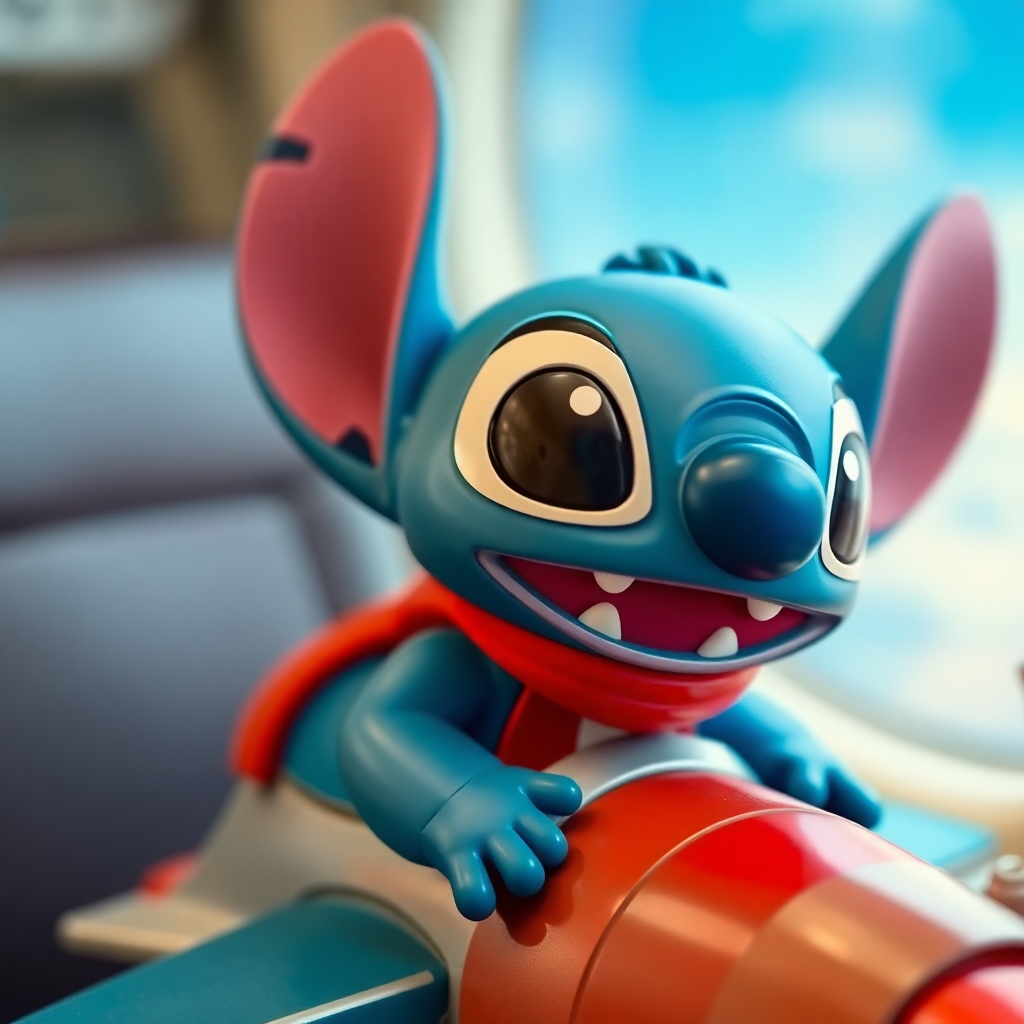 Imagiyo — an action figure of Stitch, on an airplane